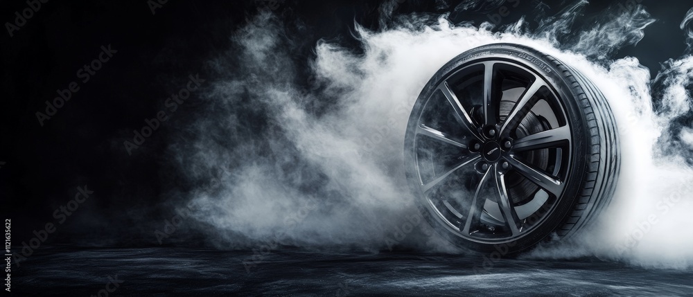 Dynamic Close-Up of Racing Tire Spinning with Smoke in Dark Environment ...
