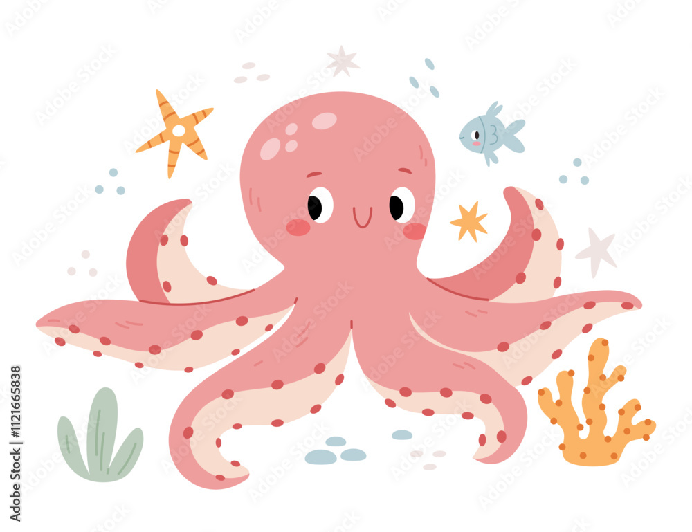 Octopus in a marine environment among fish, algae and corals. Modern ...