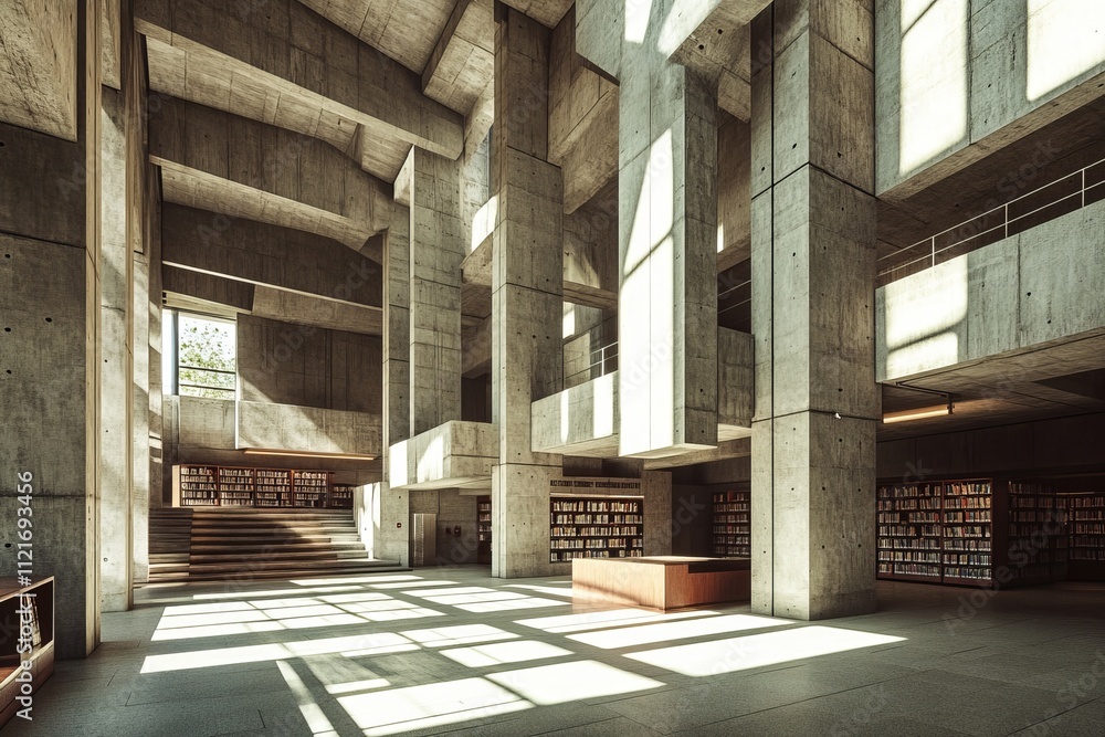 An imposing brutalist public library with massive concrete columns and ...