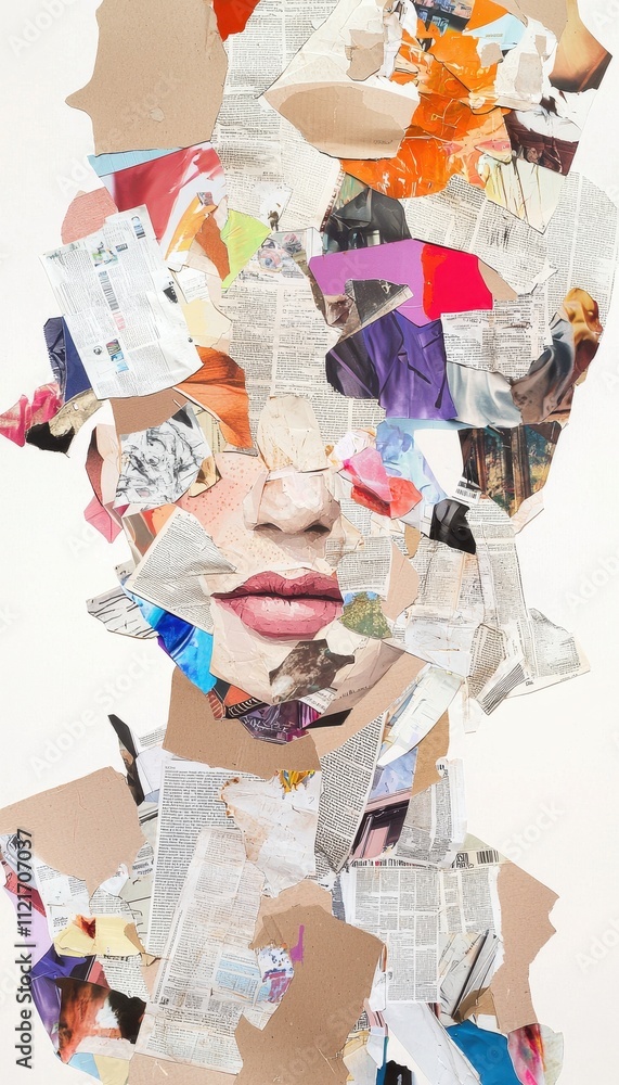 Chaotic Arrangement of Torn Newspaper Collage Covering Face with Vivid ...