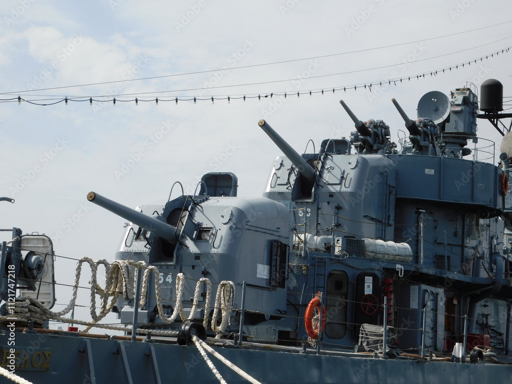 The rear guns of the old, World War II, Fletcher class, destroyer Velos ...