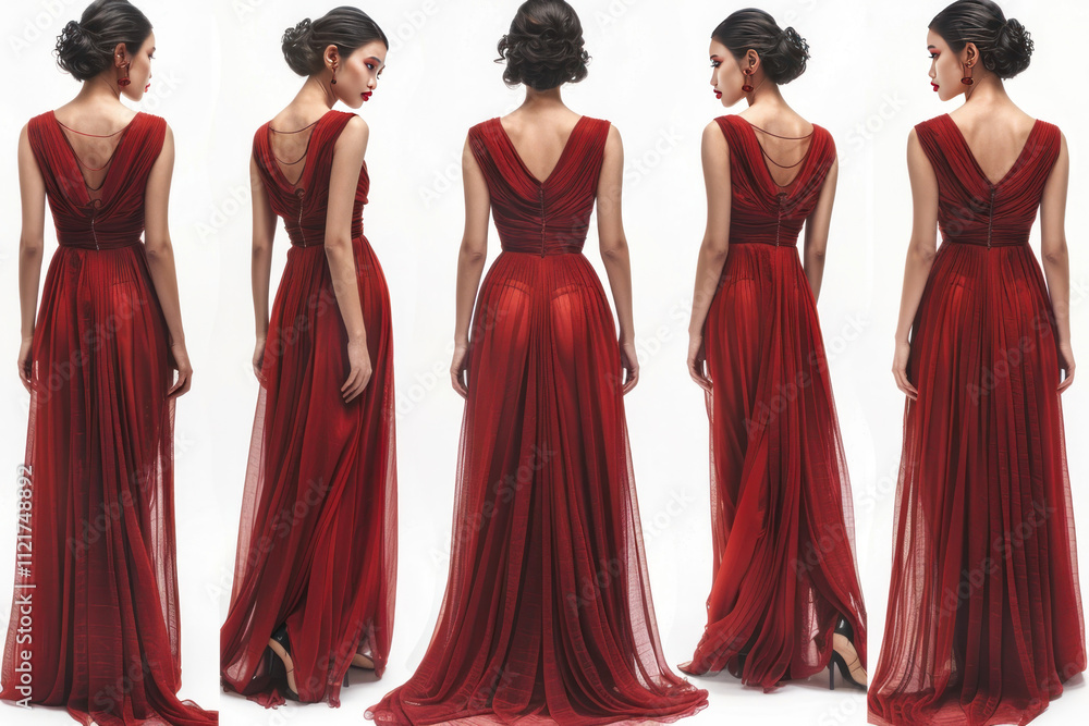 woman posing in an elegant red pleated evening dress. She appears in ...