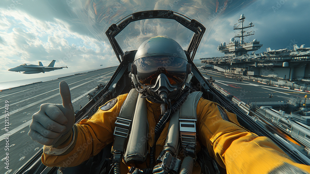 Foto de Stock Pilot gives thumbs up from cockpit on aircraft carrier ...