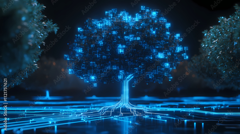 Futuristic digital tree with glowing blue circuits depicting modern ...