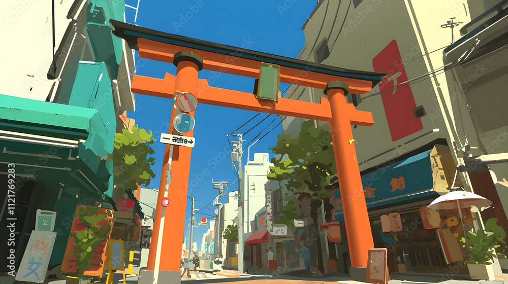 Vibrant city street scene with a traditional orange torii gate under a ...
