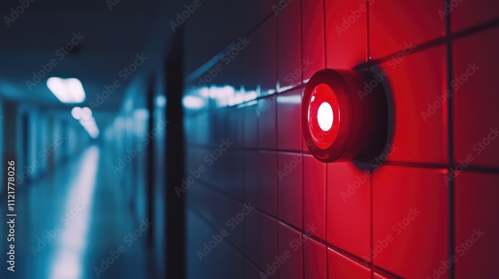 Red fire alarm light system mounted on wall in school or workplace ...