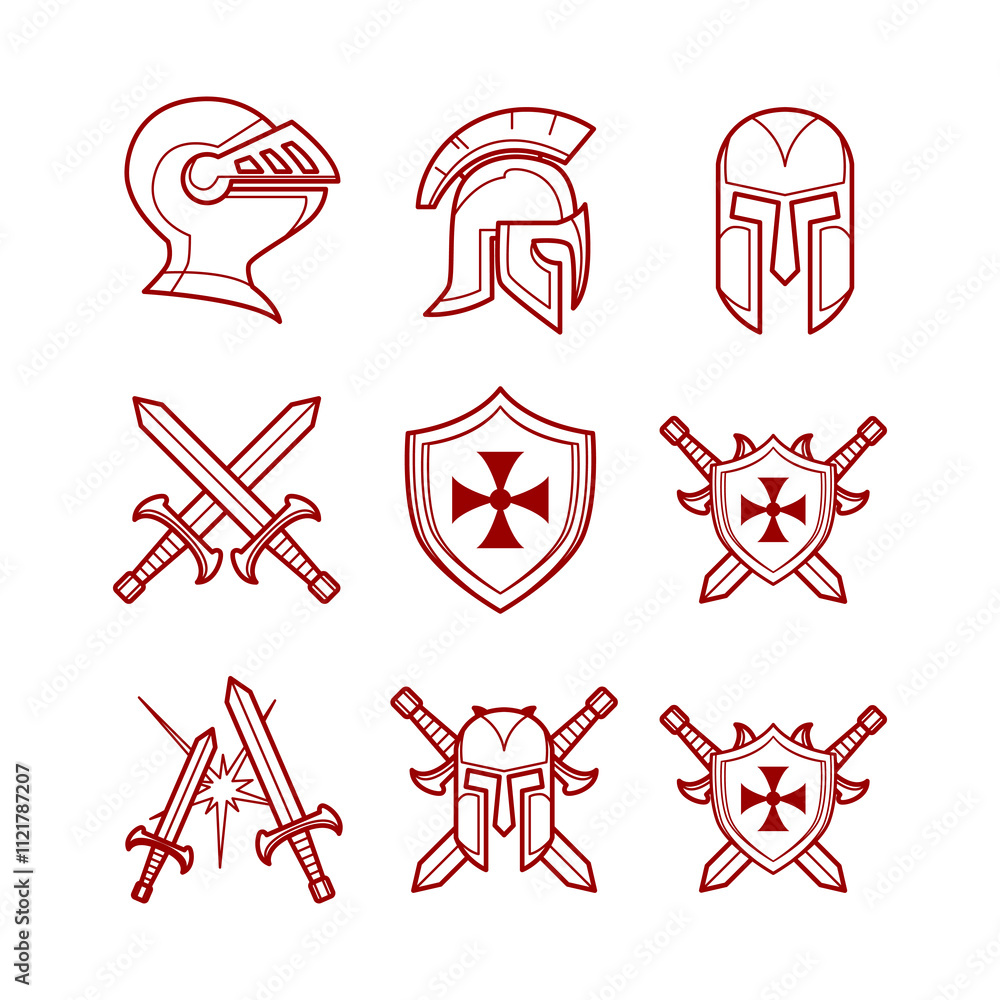 Set of Iconic Medieval Helmets, Swords, and Shields in Red Outline ...