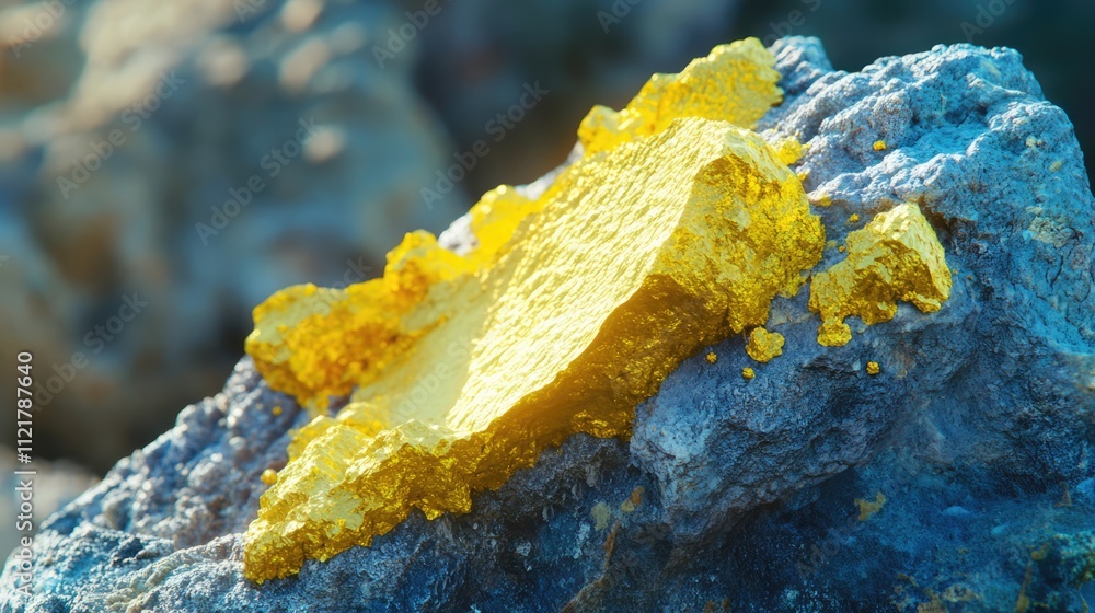 Vibrant yellow sulfur crystal on a rocky surface showcasing its unique ...