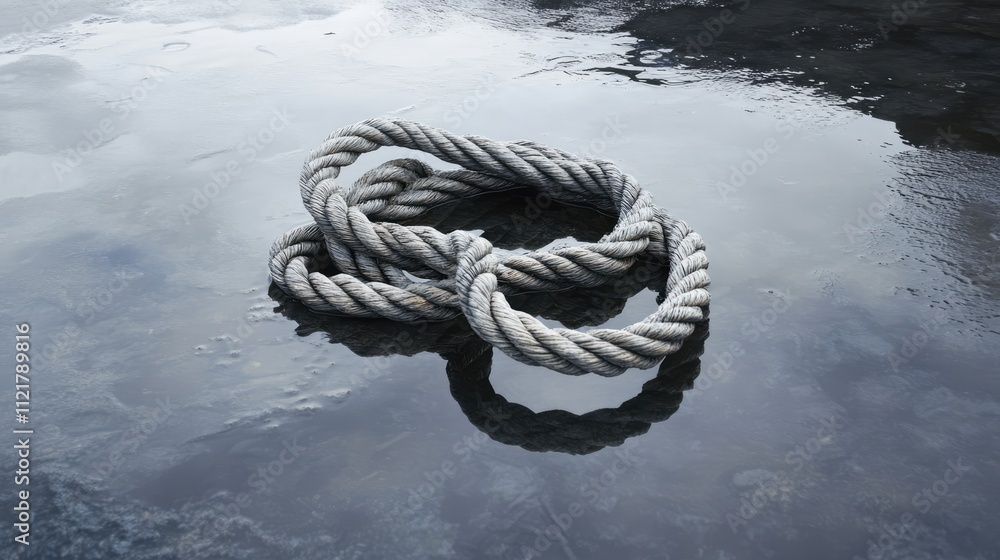 Steel wire rope loops submerged in water creating reflections at a ...