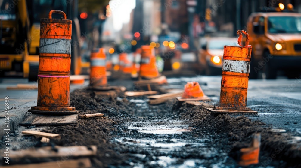 Urban street construction site with traffic cones and muddy excavation ...