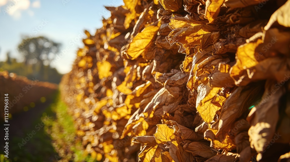 Dried tobacco leaves arranged in rows under warm sunlight highlighting ...