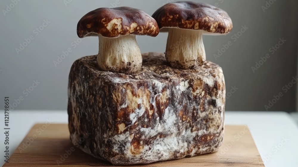 Shiitake mushrooms thriving on mycelium block showcasing organic growth ...