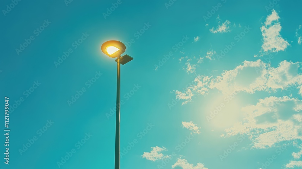 Solar street light pillar under a bright sky with solar panel ...