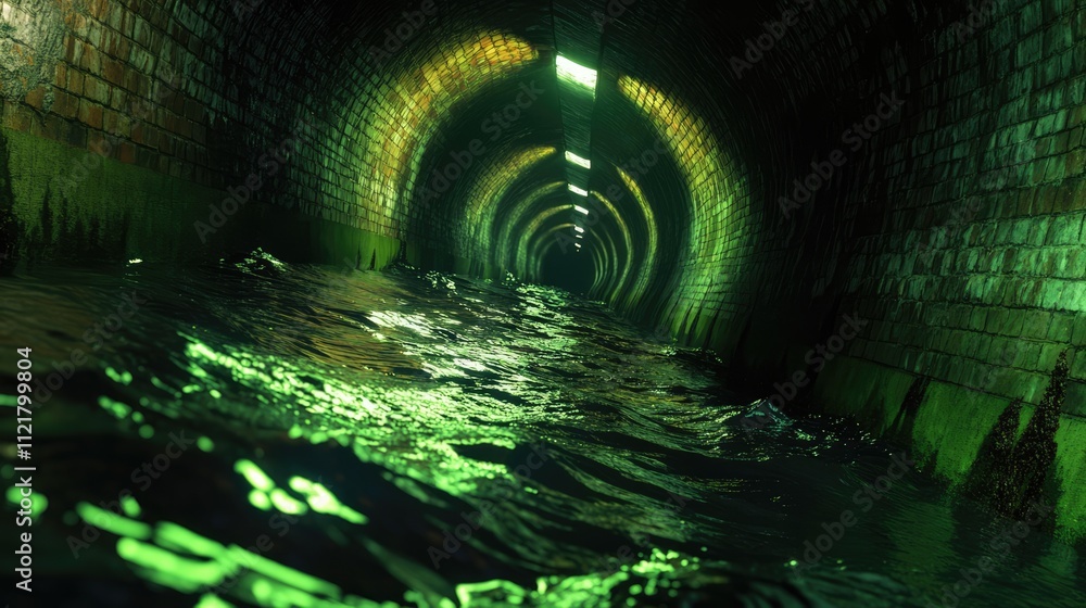 Underground sewer with toxic water reflecting green light, depicting a ...