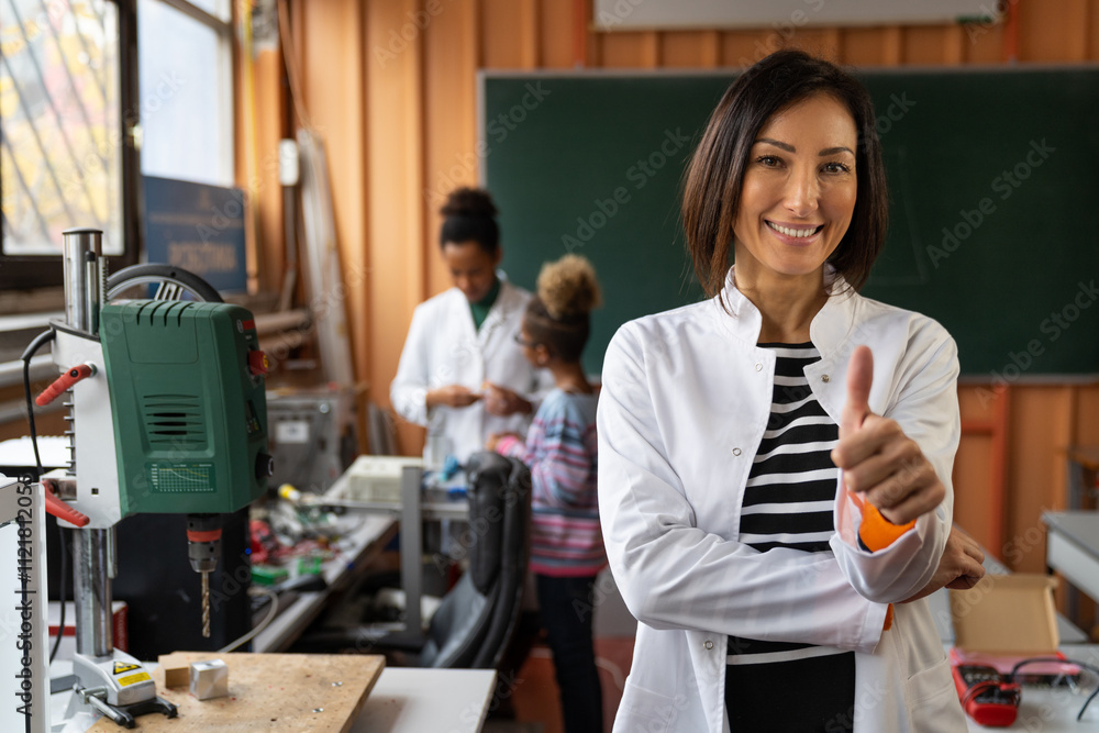 Smiling female teacher gives a thumbs up in a STEM classroom with ...