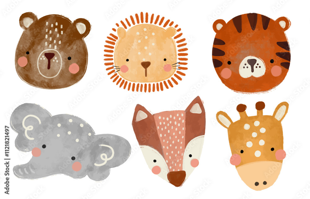 Vector de Stock Cute set of scandinavian jungle forest animals crayon ...