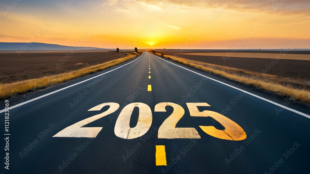 2025 written on highway road in the middle of empty asphalt road at ...