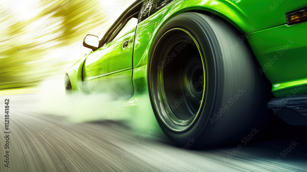 Dynamic Motion of a Green Sports Car Racing Across a Curved Road with ...