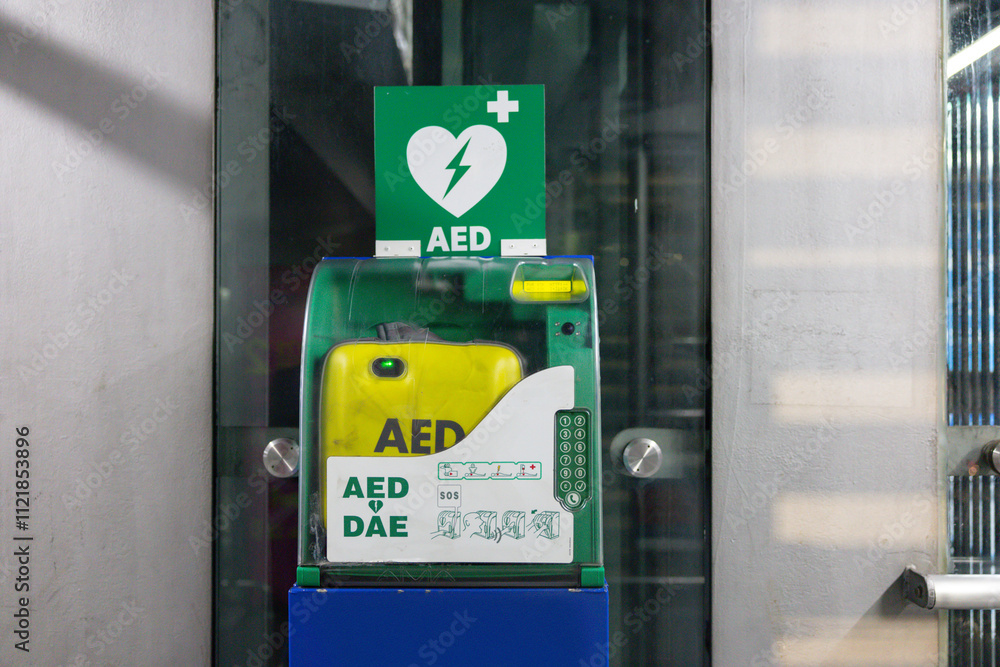 A green and yellow AED box on wall. Automated External Defibrillator ...