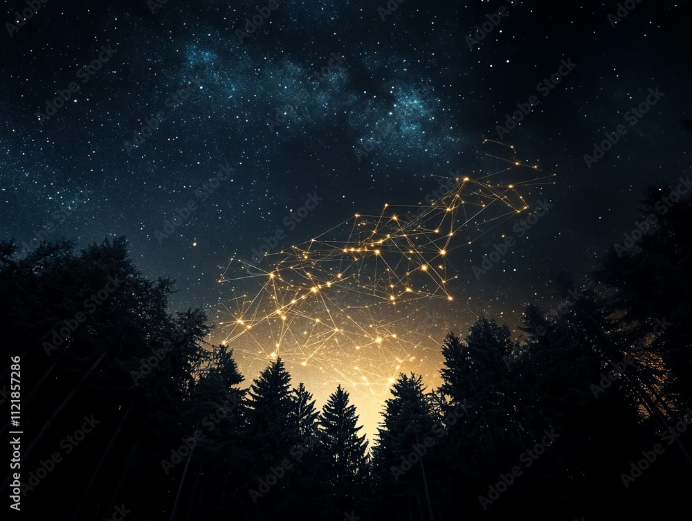 Ilustración de Stock DNAshaped constellations above an ancient forest ...