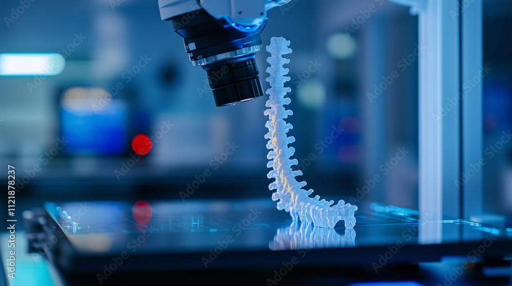 A high-tech lab featuring a robotic arm carefully assembling segments ...