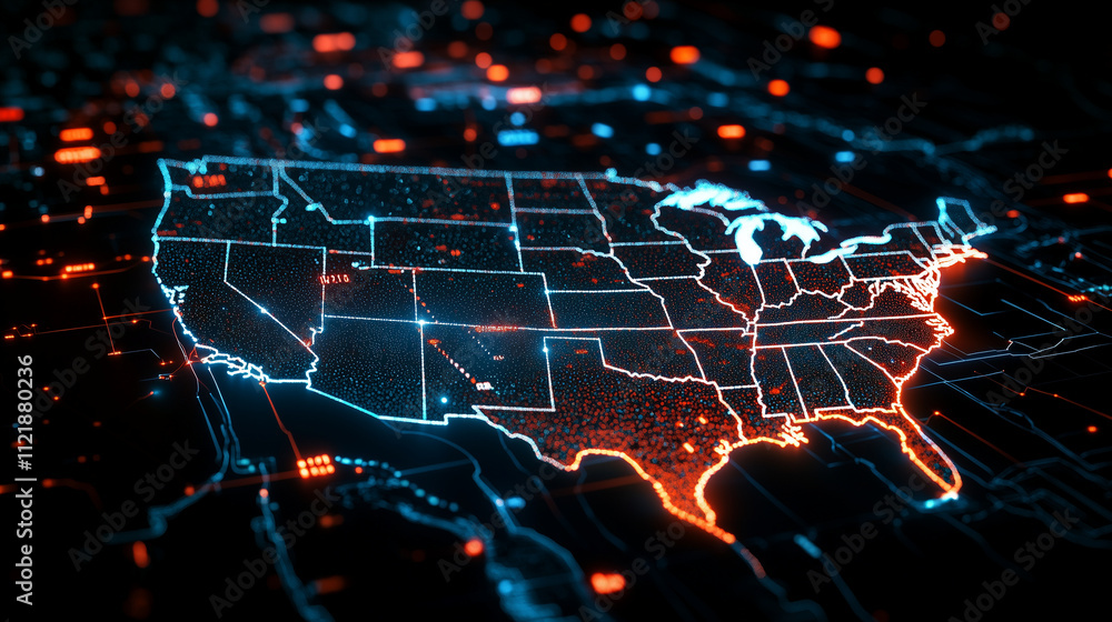 A vibrant USA map featuring glowing points of light that highlight ...