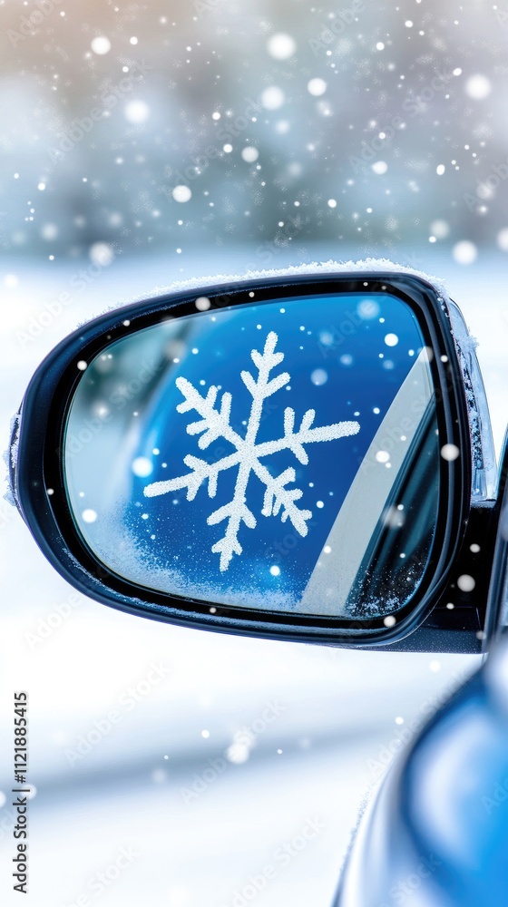 Snowflakes fall gently around a car's side mirror marked with a ...