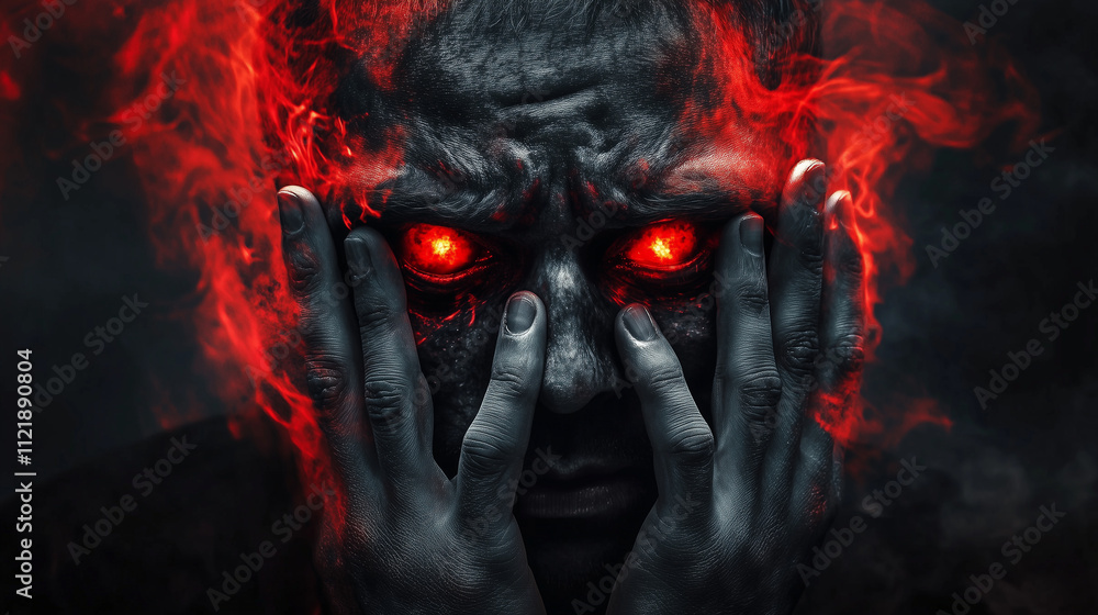 Intense figure consumed by fiery red energy with glowing eyes, hands ...