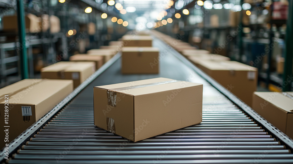 Streamlined Efficiency: Cardboard Boxes on a Conveyor Belt in a Modern ...