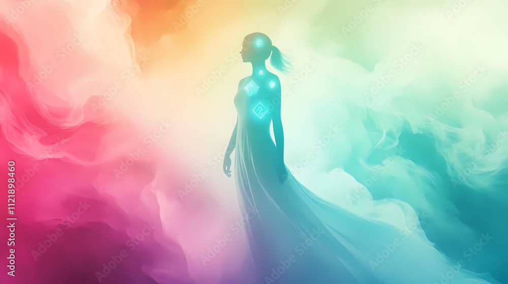 Chakra energy balancing - soft pastel colored energy field around a ...