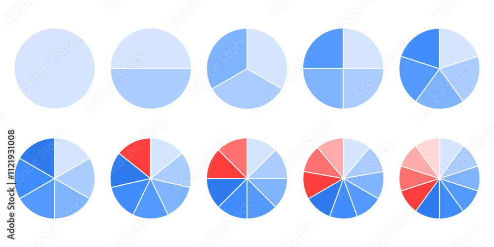 Set of pie charts divided into segments 1,2,3,4,5,6,7,8,9,10. Vector ...