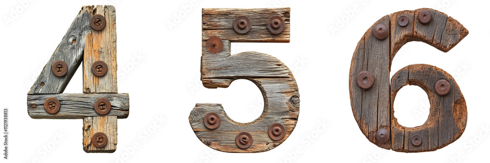 Numbers 4, 5 and 6 made of old wood with rusty nails. Wild West and ...