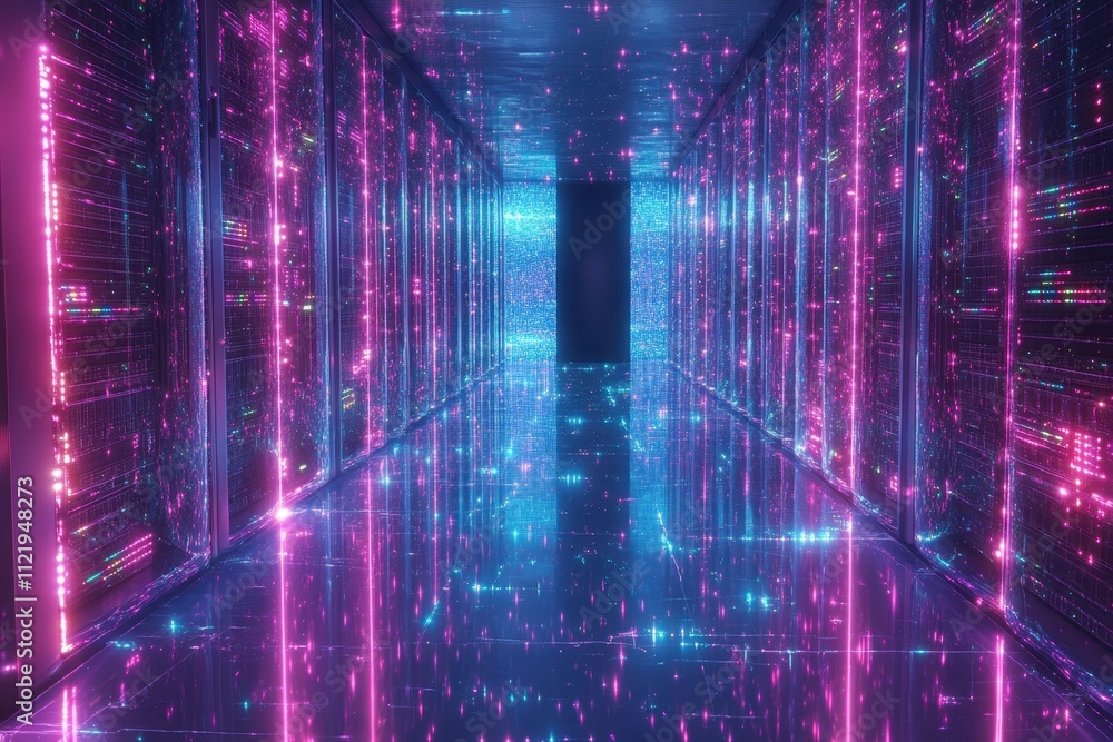 Futuristic Data Center Corridor with Neon Lights and Reflections in Glass Walls Creating a High ...