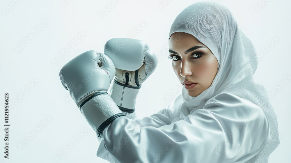 Muslim female boxer wearing white boxing gloves and hijab posing on ...
