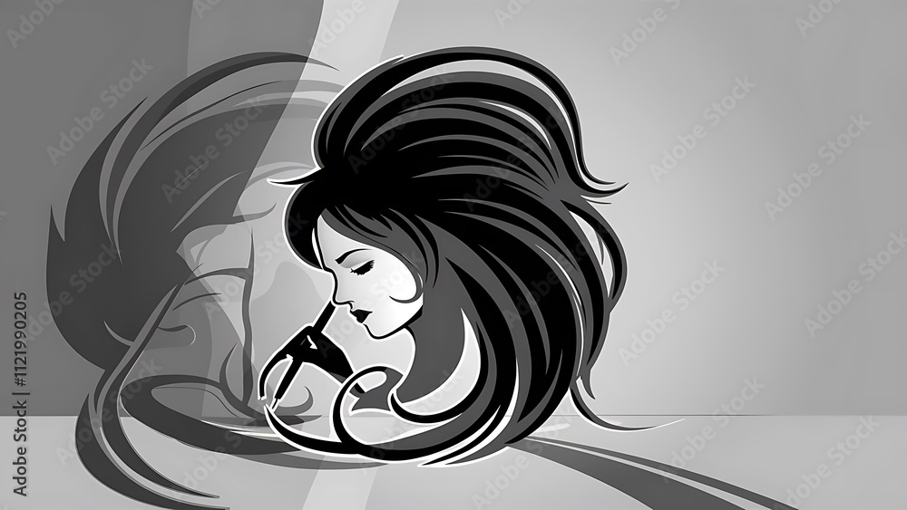 Black and grey silhouette of female head with flowing hair, hand ...