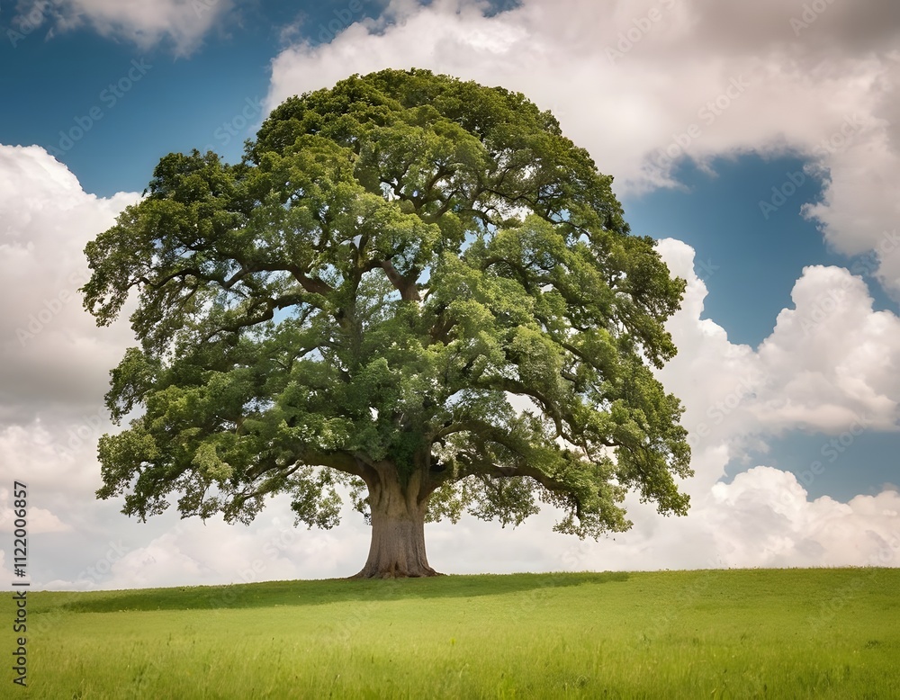 single big oak tree in field with perfect treetop under the white ...