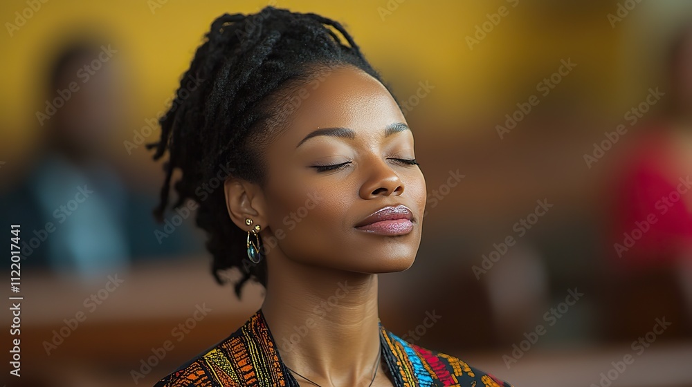 A Black woman prays with closed eyes in a church, expressing faith ...