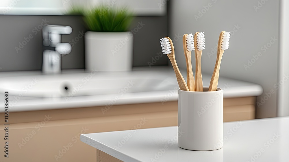 Ceramic toothbrush holder featuring bamboo toothbrushes sits on a ...
