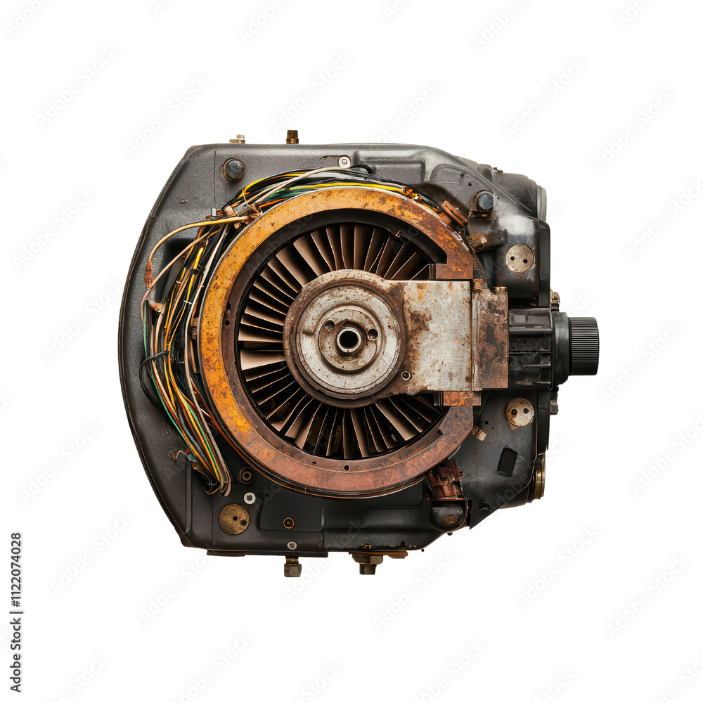Rusty engine component with intricate wiring and fan blades visible ...