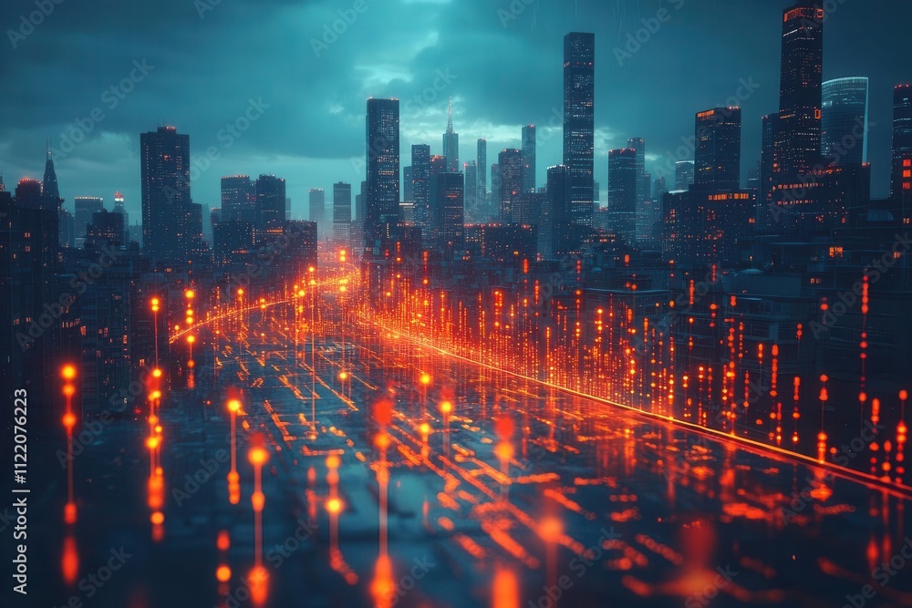 floating virtual trading graph above a blurred city skyline ...