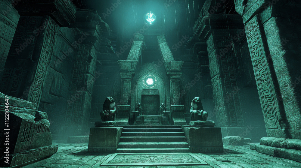 Ancient throne in egyptian palace at night. Dark old egypt temple ...