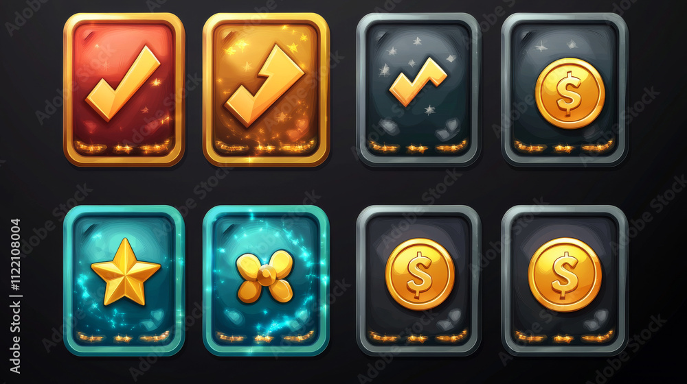 Game bars with gold coins, star, power symbol, plus and x2. Game UI ...
