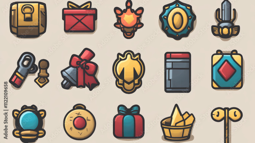 Game icons with keys, dynamite, gift box, flag, gold goblet and award ...