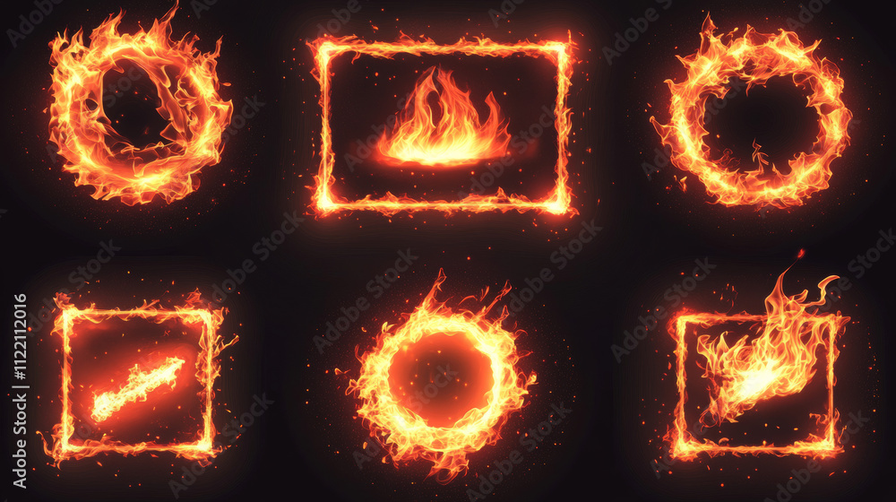 Ring fire flame, burning different shapes frames. Vector realistic ...