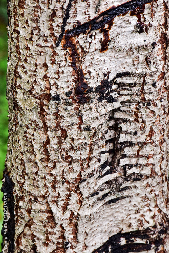 Japanese lacquer tree with horizontal cuts on the bark. Dark harden sap ...