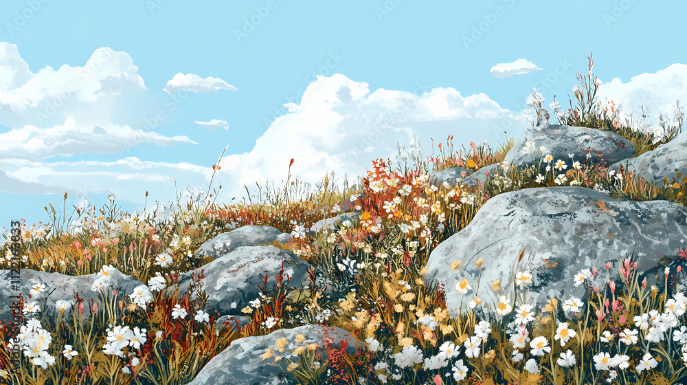 Alpine tundra biome, ecosystem in the mountains with grasses and shrubs ...