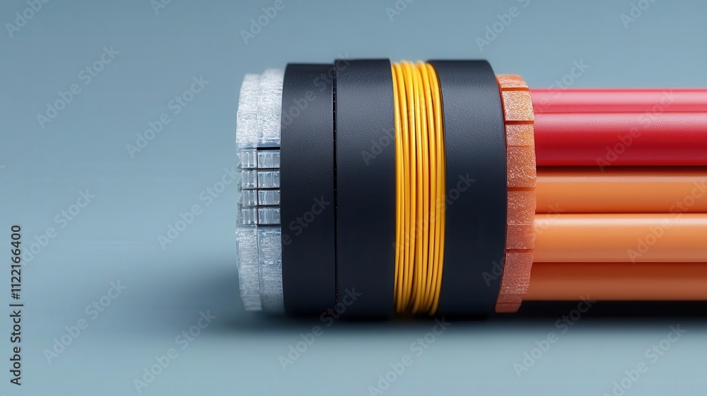 Cross-section view of a fiber optic cable, showing layers of core ...