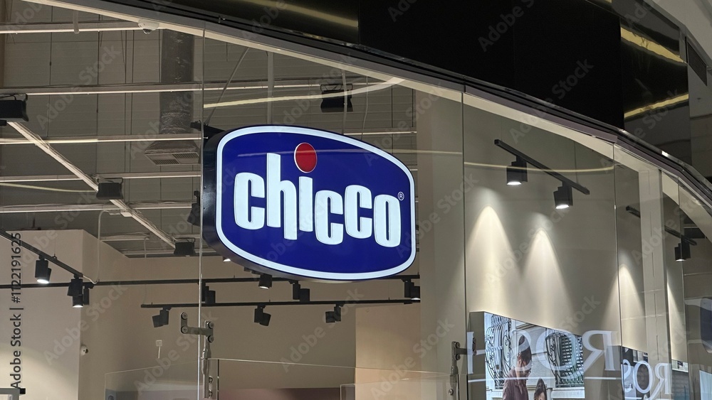 Exterior of Chicco store shop showing company logo, sign, signage and ...