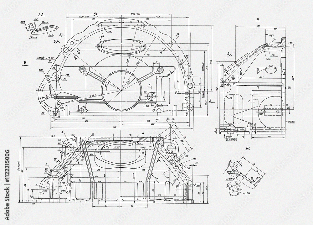 Crank case of clutch of car. Engineering automotive mechanical drawing ...