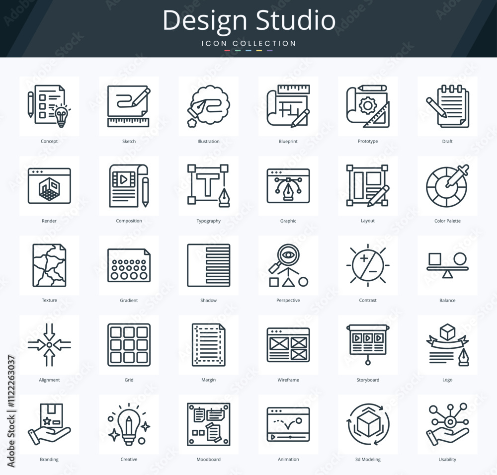 Design studio outline icon pack for visual identity and drawing tools ...